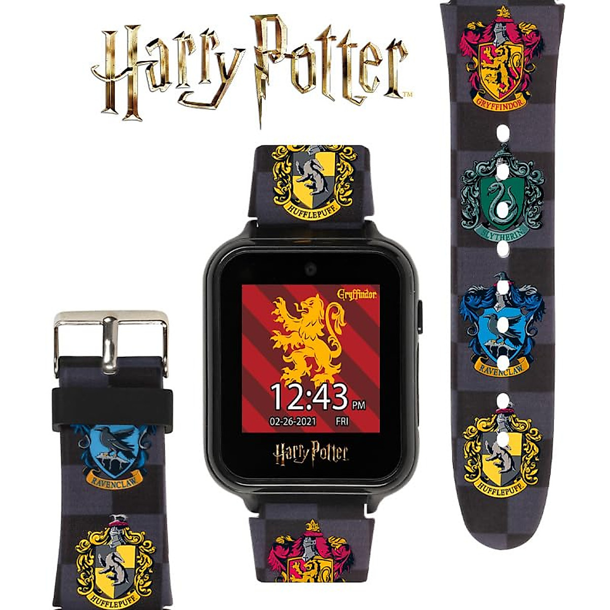 Accutime Harry Potter Educational Learning Touchscreen Kids Smartwatch - Black Strap, Toy - Girls, Boys, Toddlers - Selfie Cam, Games, Alarm, Calculator, Pedometer (Model: HP4107AZ)