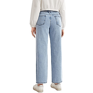 SweatyRocks Girl's Ripped Straight Leg Jeans Zipper Fly Distressed Denim Pants with Slant Pockets Light Wash 14Y