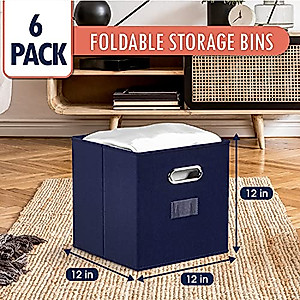 Ornavo Home Foldable Storage Bins Basket Cube Organizer With Dual Handles and Window Pocket - 6 Pack - 12" L x 12" W x 12" H - Navy Blue