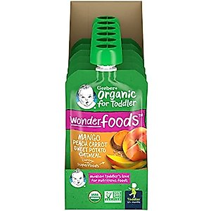 Gerber Organic for Toddler Wonder Foods Toddler Food Pouches, Mango Peach Carrot Sweet Potato Oatmeal, Organic & Non-GMO, 3.5 Ounce Pouches (Pack of 6)