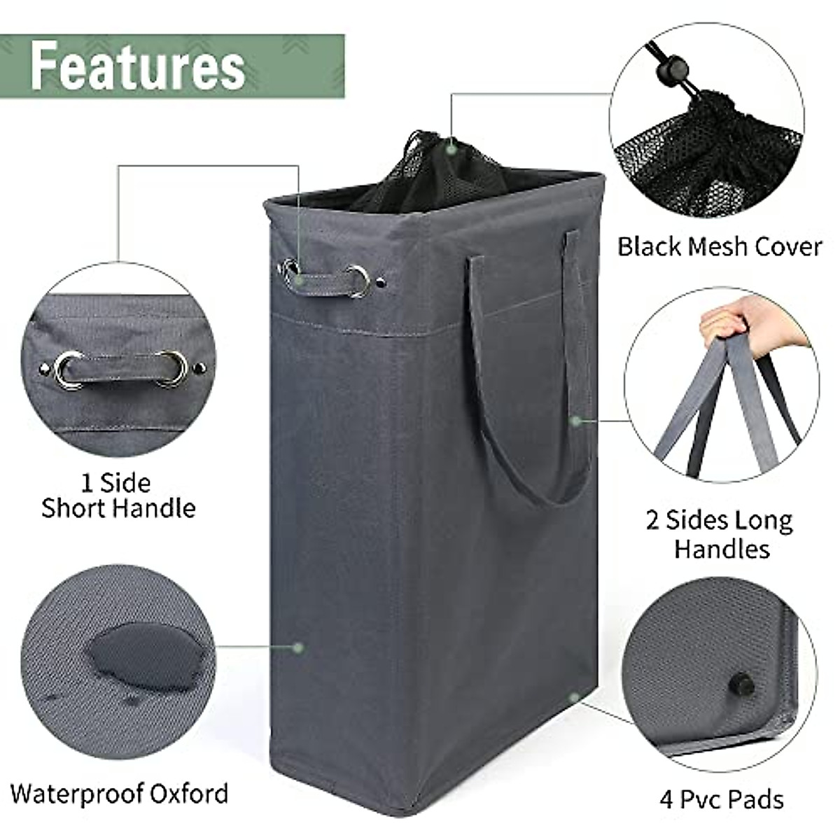 LotFancy 45L Slim Laundry Hamper with Handles, 22’’ Small Thin Laundry Hamper, Narrow Laundry Basket, Foldable Dirty Clothes Corner Bin, Storage Basket for Women Men