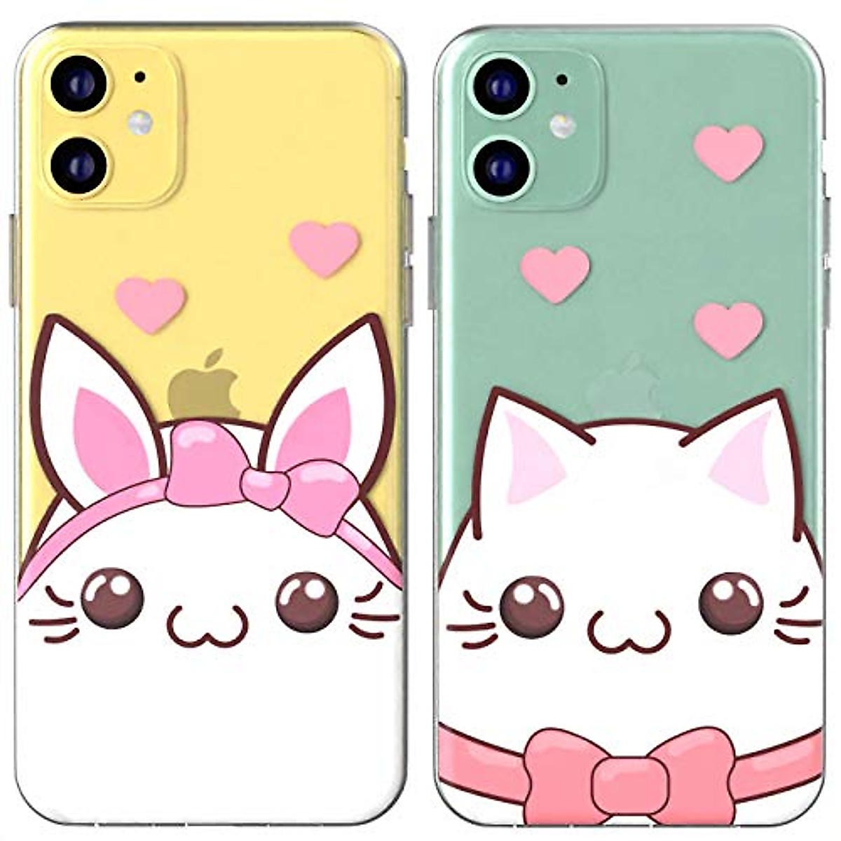 Toik Matching Couple Cases for Apple iPhone 11 Pro Xs Max Xr 10 X 8 Plus 7 6s 5s SE Kawaii Flexible Design Cat Clear Girlfriend Cute TPU Lovely Protective Gift Print Silicone Bow Bunny