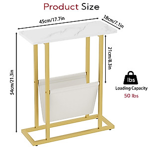 Yusong Small Narrow Side Table for Small Spaces, 17.7" W Slim End Table Magazine Table Nighstand with Storage Holder, Accent Skinny Snack Couch Bedside Table, Gold White, Complete Iron Pipes