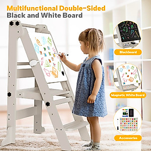 Toddler Tower Foldable, Kitchen Step Stool Helper with Safety Railing & 3 Adjustable Heights, Standing Tower with Double-Sided Drawing Board, Montessori Kitchen Tower for Toddlers/Kids Learning (Grey)