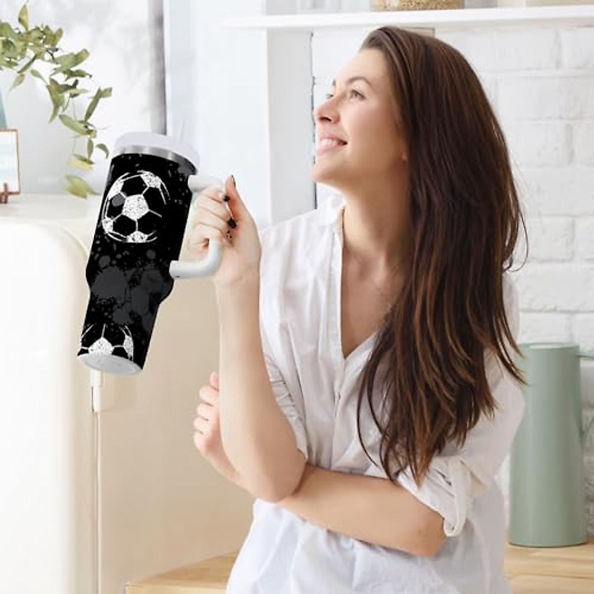 ARGTILDN 40 oz Tumbler Football Sport Soccer Insulated Travel Mug with Handle and Straw Lid Stainless Steel Vacuum Coffee Cup Tea Beverage Container Water Bottles for Car Sports office