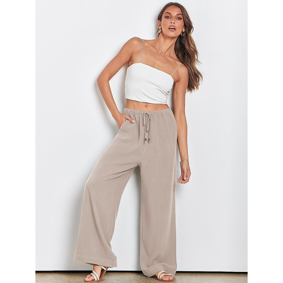 ANRABESS Women's Linen Summer Palazzo Pants Elastic Waist Casual Beach Trendy Wide Leg Trousers with Pockets Large Light Khaki
