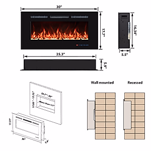 30" Electric Fireplaces Inserts, Recessed & Wall-Mounted Fireplace Heater with Thermostat, Multicolor Flames,Timer, Log & Crystal, 750/1500W