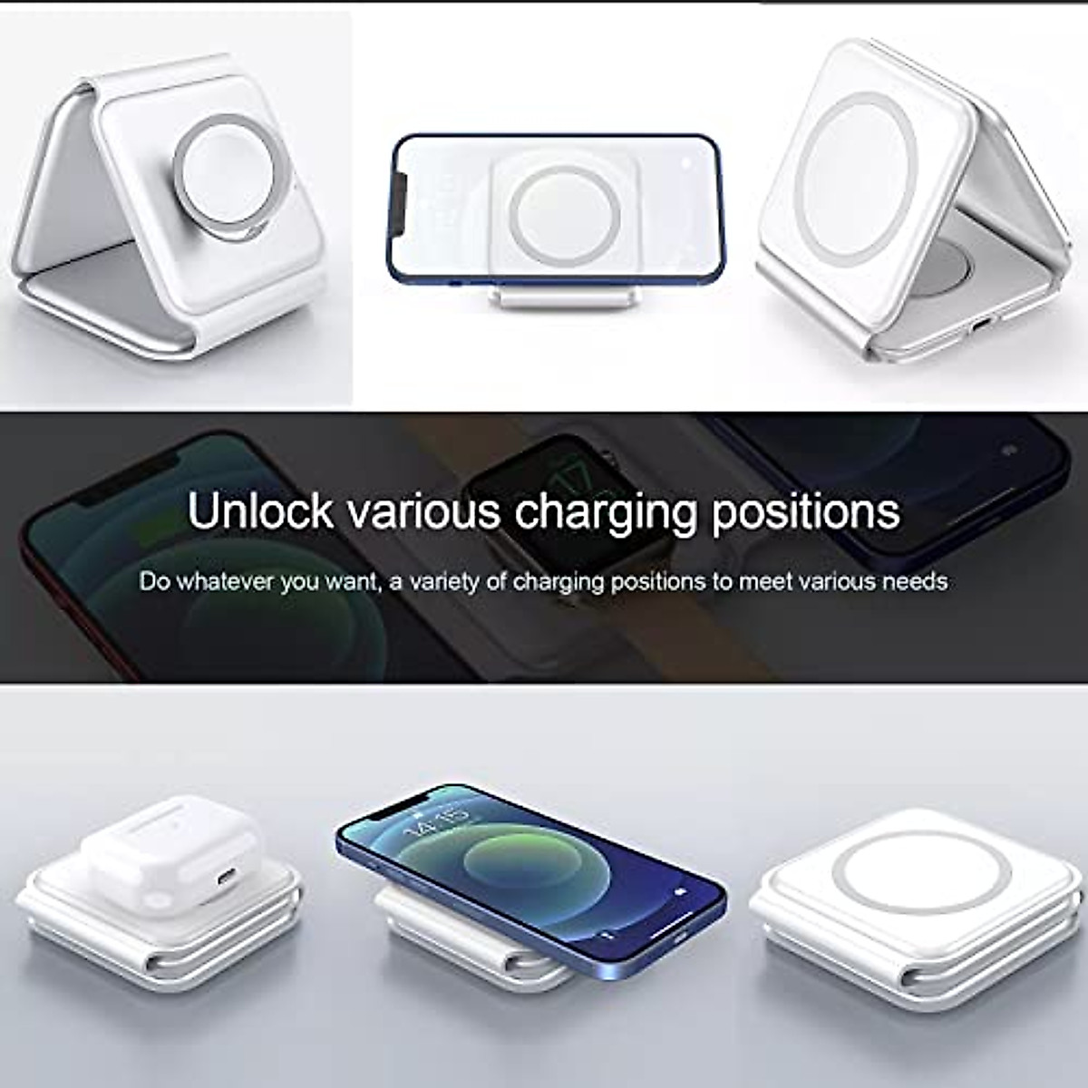 New 2022 Foldable Ultra-Thin Mobile Phone Watch Stand Charger 15W Fast QI Magnetic 3 in 1 Wireless (White) (AD-WC20)