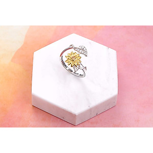 DAOCHONG Sterling Silver You are My Sunshine Sunflower CZ Heart Ring Adjustable Size 5-9 (7)