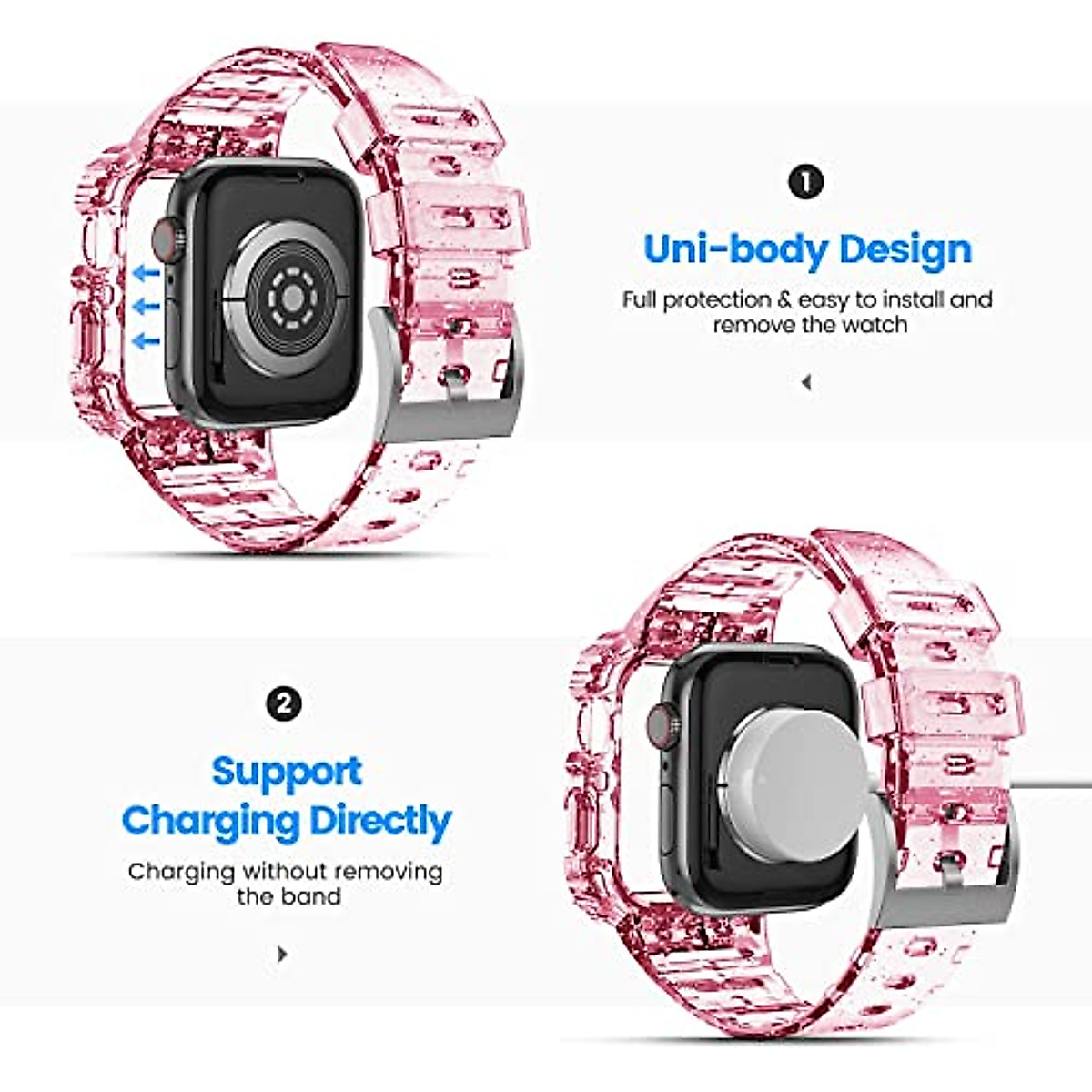 ABELTA Compatible for Apple Watch Band 38mm 40mm 41mm with Bumper Case Cover for Women Men, Clear Crystal Durable Sport Transparent Protective Band for Apple Watch Series 8 7 6 5 4 3 2 1 SE (41mm/40mm/38mm, Glistening Pink)