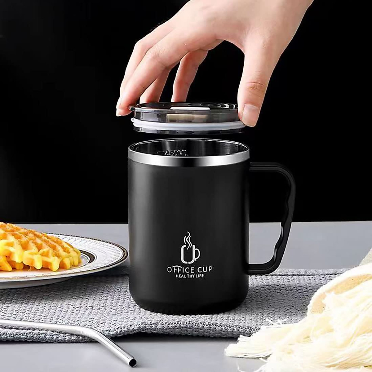 Lcxecnw Coffee Cup Mug with Handle,16 oz Stainless Steel Mugs,Double Wall Vacuum Travel Mug,Tumbler Mugs with Straw and Sliding Lid,Hot & Cold Drinks for Home Office (Black)