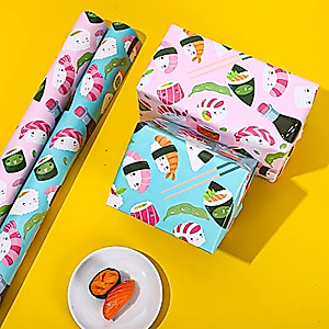 Whaline 12 Sheet Sushi Faces Wrapping Paper Bulk 4 Design Cute Sushi Trendy Gift Wrap Art Paper for Birthday Wedding Baby Shower DIY Crafts Gift Packing Decoration, 19.7 x 27.6 Inch, Folded Flat