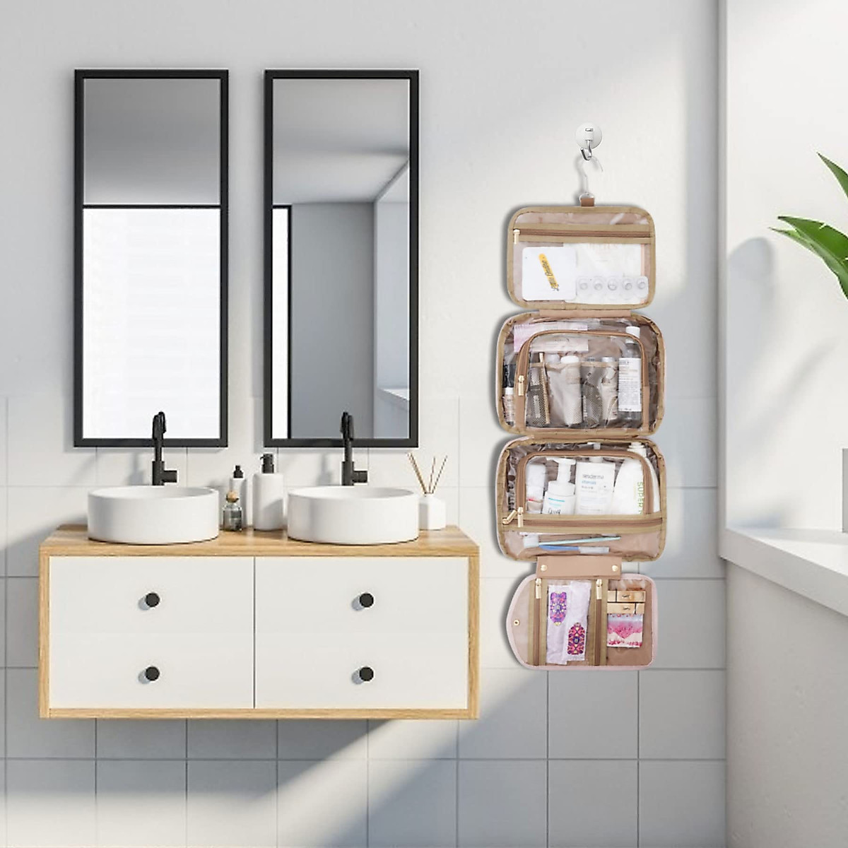 YAMIU Toiletry Bag for Women, Travel Toiletry Bag with 5 Spacious Compartments & 360° Rotatable Stainless-steel Hook, Water-resistant Hanging Toiletry Bag for Toiletries, Cosmetics