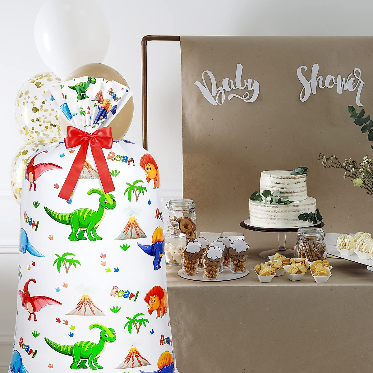 Teling 2 Pcs 70 x 40 Extra Large Jumbo Gift Bag for Giant Gifts, Extra Big Plastic Present Bag for Huge Gifts Wrapping Bags with 2 Rolls Ribbons for Birthday Party(Dinosaur Style)