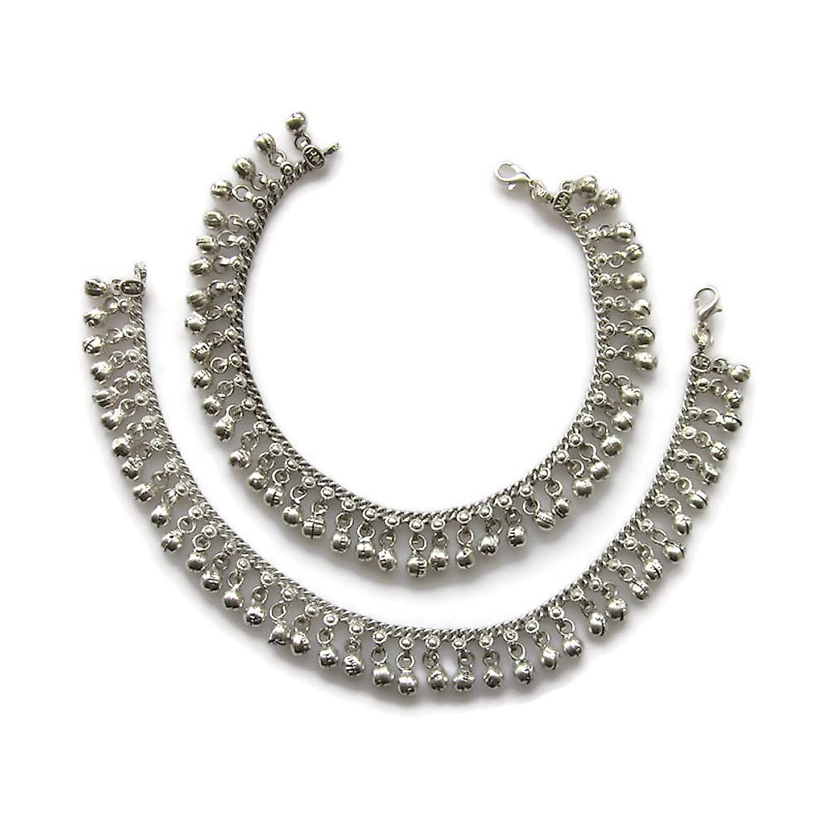 Anklet Pair Chain Bell Tassel Handcrafted | Boho Gypsy Goth Hippie Festival Vintage Style Ankle Bracelet Feet Jewelry | Womens Novelty Fashion Accessory | Indian Payal Metallic Silver Oxidized Finish