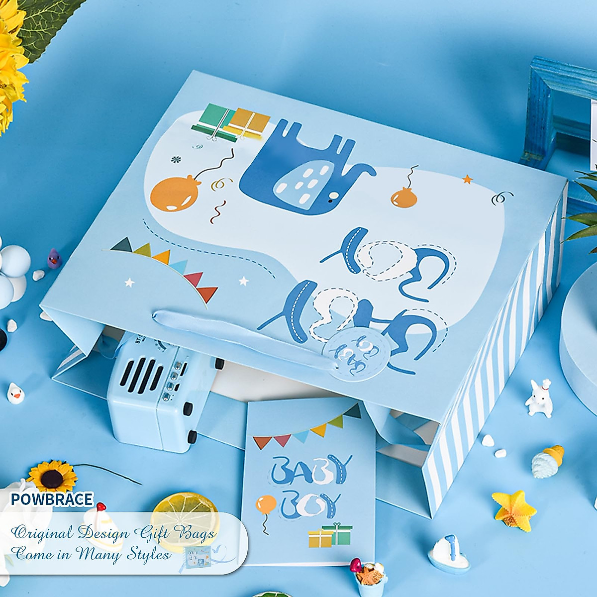 Powbrace Baby Boy Gift Bag with Tissue Paper and Greeting Card for Birthday,Party,Baby Gift Bag,13" Gift Bags Medium size(1-PCS Blue Animals, Happy Birthday)