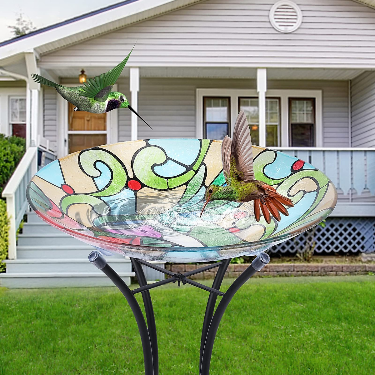 MUMTOP Bird Bath-Bird Baths for Outdoors - Hummingbird Large Bird Bath Bowl with Metal Stand, Glass BirdBaths for The Garden Lawn Yard Decor