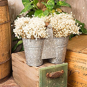 Stonebriar Small Antique Galvanized Metal Double Bucket with Wooden Handle, Gray