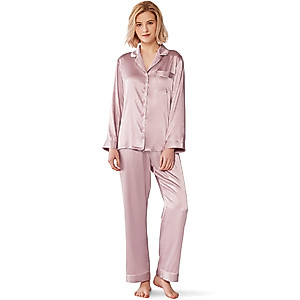 SIORO Womens Silk Pajamas Soft Long Satin Sleepwear Ladies Pajama Sets Button Down Loungewear Pyjamas Suit, Dusty Rose, Large