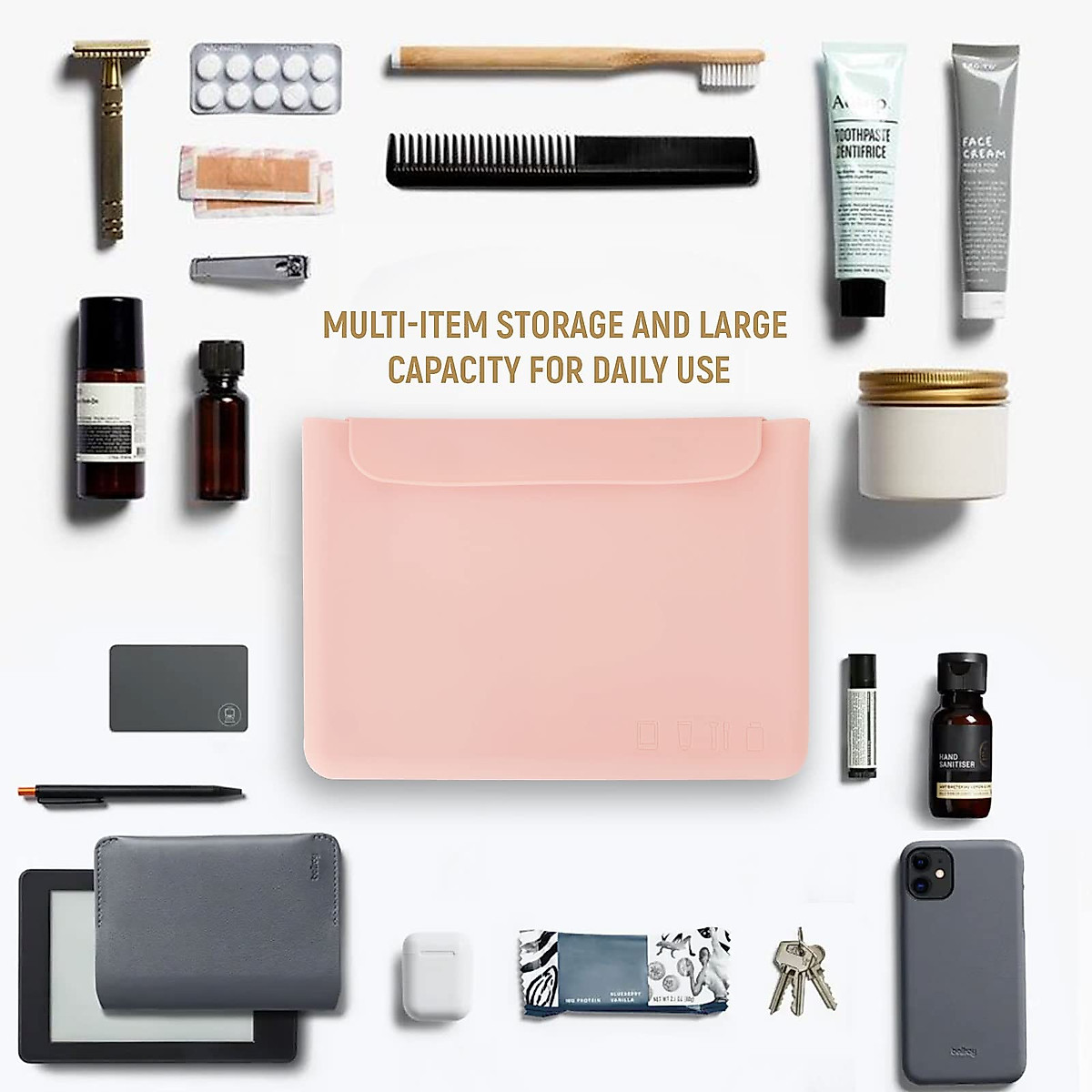 HiBidder Silicone Makeup Bag, Slim Toiletry Cosmetic Bag for Travel, Flat Makeup Bag with Double Magnetic Buckle Flap for Makeup Tools Organizer