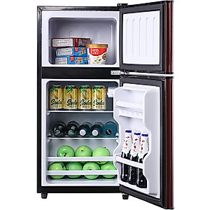 QIYO 3.5 Cu.Ft Compact Fridge-Freezer Combo, Enhanced Freshness Technology, Energy-Efficient Dual Doors, 7-Tier Temperature Control for Kitchen, Dorm, Bar, Office, Apartment - Wooden Finish