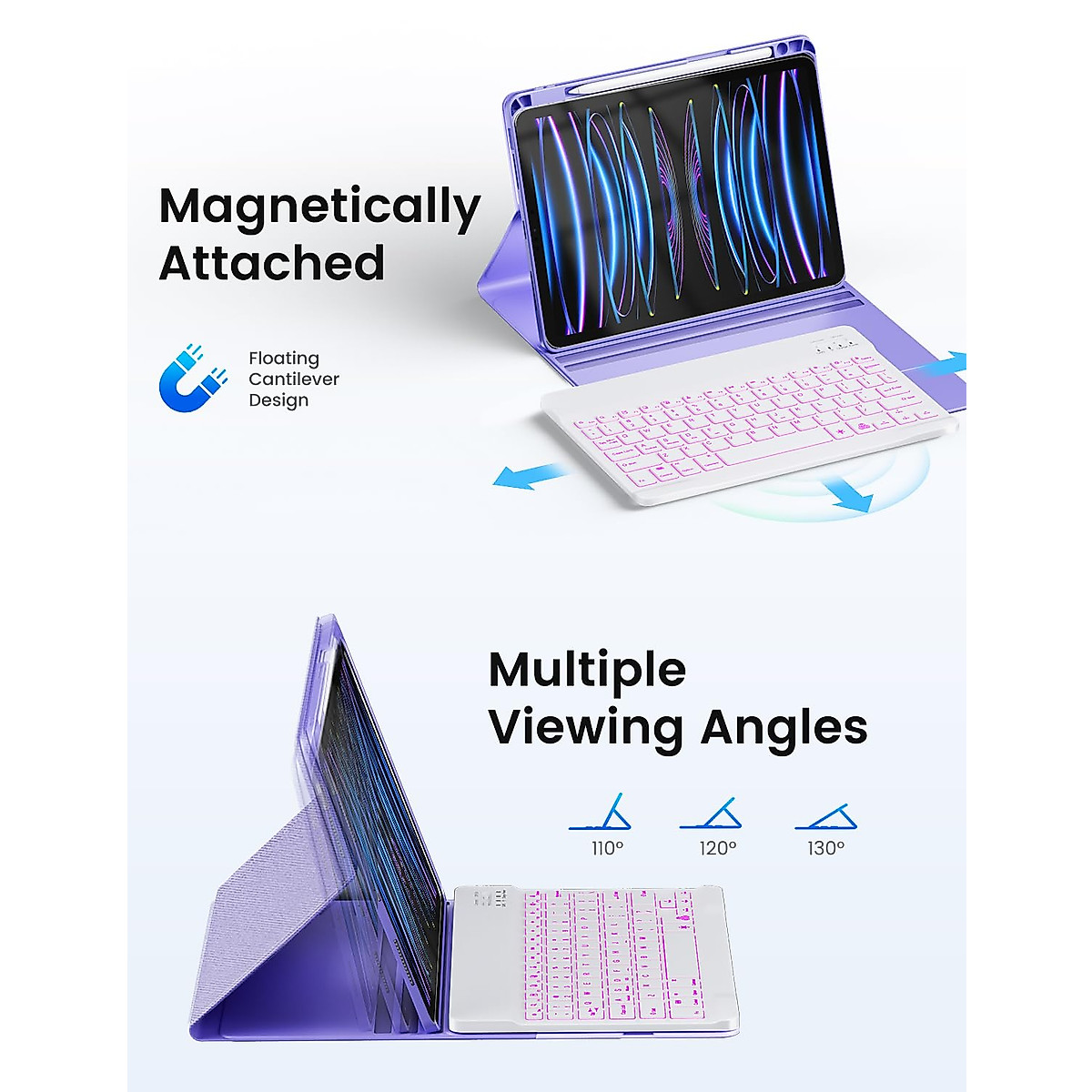 OYEEICE Keyboard Case for iPad Air 11 inch (M2 2024)/10.9 inch Air 5th/4th Gen/iPad Pro 11 1st/2nd/3rd Gen - 7-Color Backlit Detachable Keyboard, Folio Cover with Pencil Holder - Purple