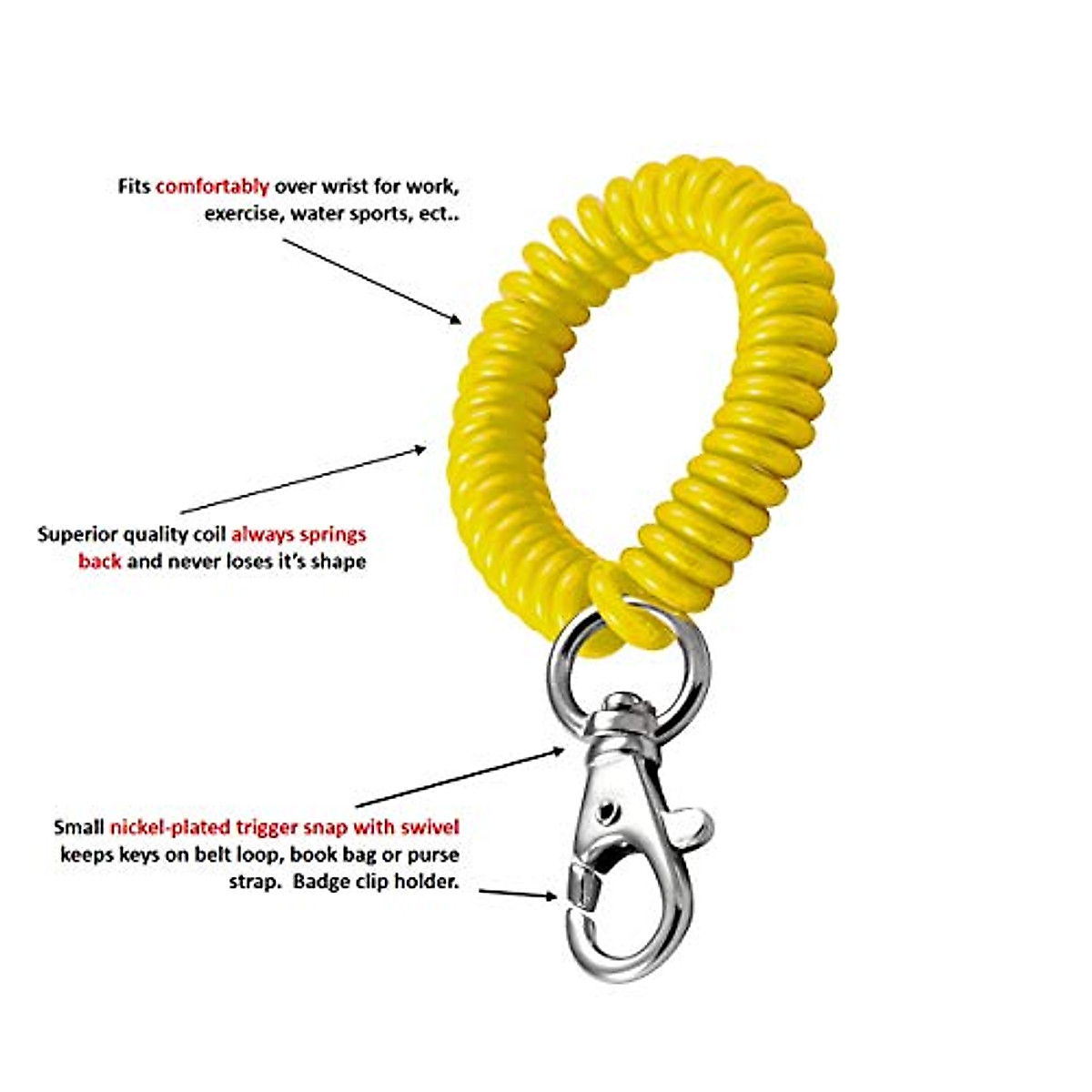 Lucky Line 2” Diameter Spiral Wrist Coil with Trigger Snap, Flexible Wrist Band Key Chain Bracelet, Stretches to 12”, Assorted Colors, 5 Pack (4071005)