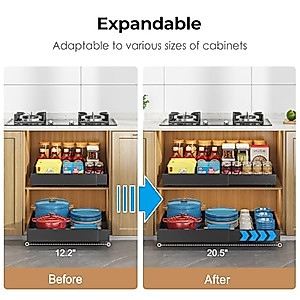 Pull Out Cabinet Organizer, 1PC 21" Deep Expandable (12.2"-20") Heavy Duty Pull Out Drawers for Cabinets Fixed with Adhesive Film, Peel Stick Slide Out Drawers for Kitchen Pantry, No Screw, Black