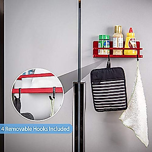 2 Pack - Magnetic Spice Rack, Fridge Organizer Shelf, Side Wall Refrigerator Storage for Spices, Utensils or Plates, Works as Towel Holder with Hooks, Organization for Home and Kitchen (Red)