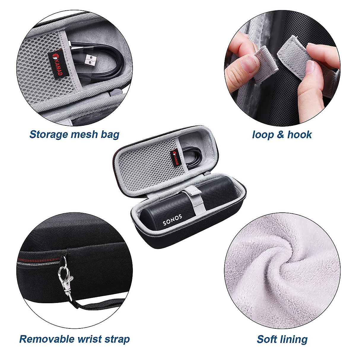 XANAD Travel Case for JBL Flip 4 or Sonos Roam 2/1 Portable Wireless Smart Bluetooth Speaker - Carrying Organizer Storage Bag
