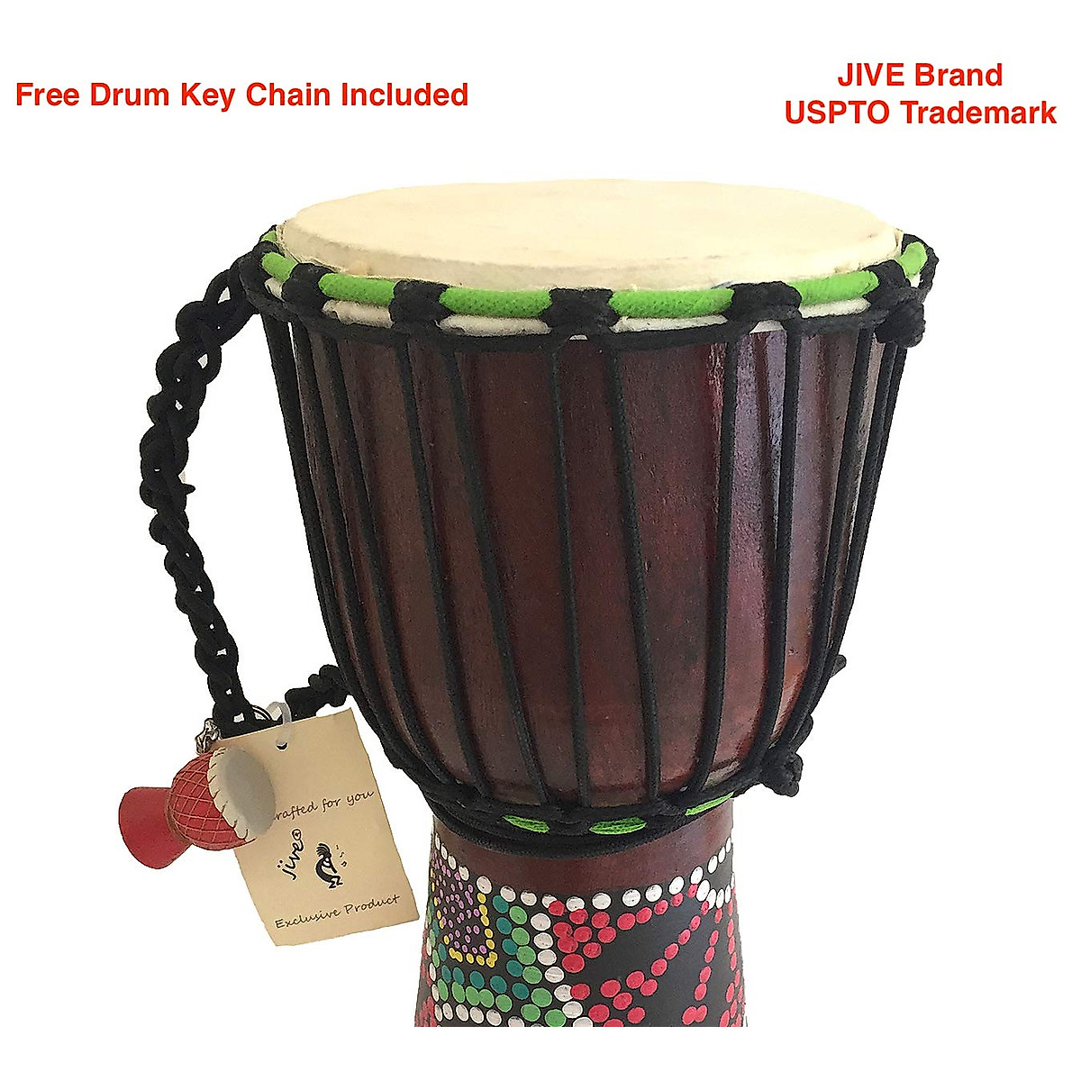 Djembe Drum Bongo Congo African Wood Drum - MED SIZE- 12" High, JIVE BRAND, Professional Quality With Heavy Base/Includes Drum Key Chain