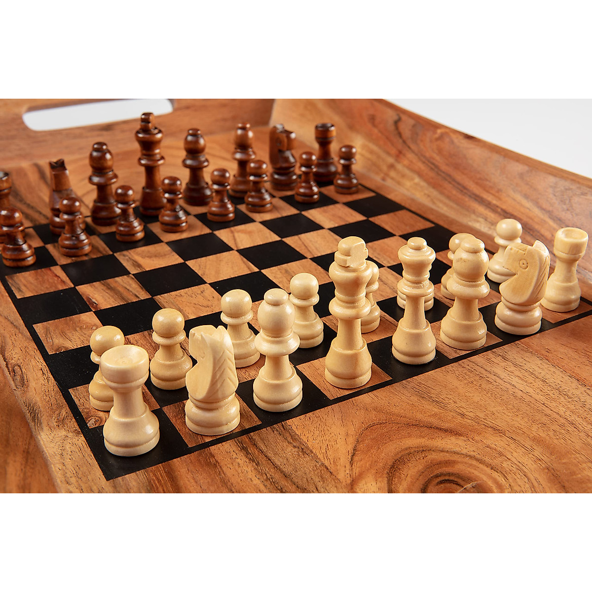 Wonder-ful Gifts Serving Tray with Chessboard - Chess and Checkers Pieces Included