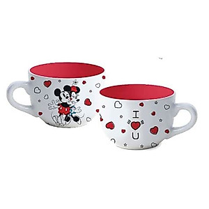 Jumbo Kissing Mickey and Minnie Wide Ceramic Drinking Mug, Multi Purpose Cereal, Coffee, Latte Mug with Handle, Oversized Sippable Soup Bowl, Unique Gifts for Classic Disney Fans, 24 Ounces