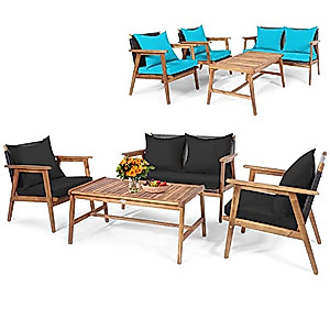 Tangkula 4-Piece Patio Furniture Set, Outdoor Acacia Wood Conversation Set with Cushions and Coffee Table, Turquoise & Black Cushion Cover Sets, Outdoor PE Wicker Sectional Sofa Set for Backyard