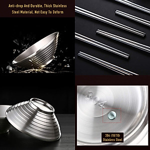 UPTALY 2 Sets Large 50 Ounce Japanese Noodle Bowls (9.5 inch x 3.4 inch), with Matching Spoons and Chopsticks, 18/10 Stainless Steel Ramen Bowl, Big Pho Bowls, Asian Soup Bowls, Thicken Udon Bowl