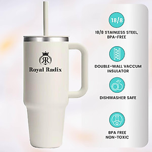 Royal Radix 40oz Insulated Tumbler with Handle & Straw, Stainless Steel Travel Mug, Leak-Proof, Hot & Cold Beverage Cup, BPA-Free, Dishwasher Safe, for Coffee & Water