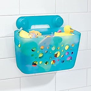 mDesign Kids Plastic Suction Bath or Shower Caddy Storage Basket - Soap and Bath Toys Holder for Bathroom Organization of Body Wash, Loofahs, and Small Baby Shampoo and Conditioner Bottles - Aqua Blue