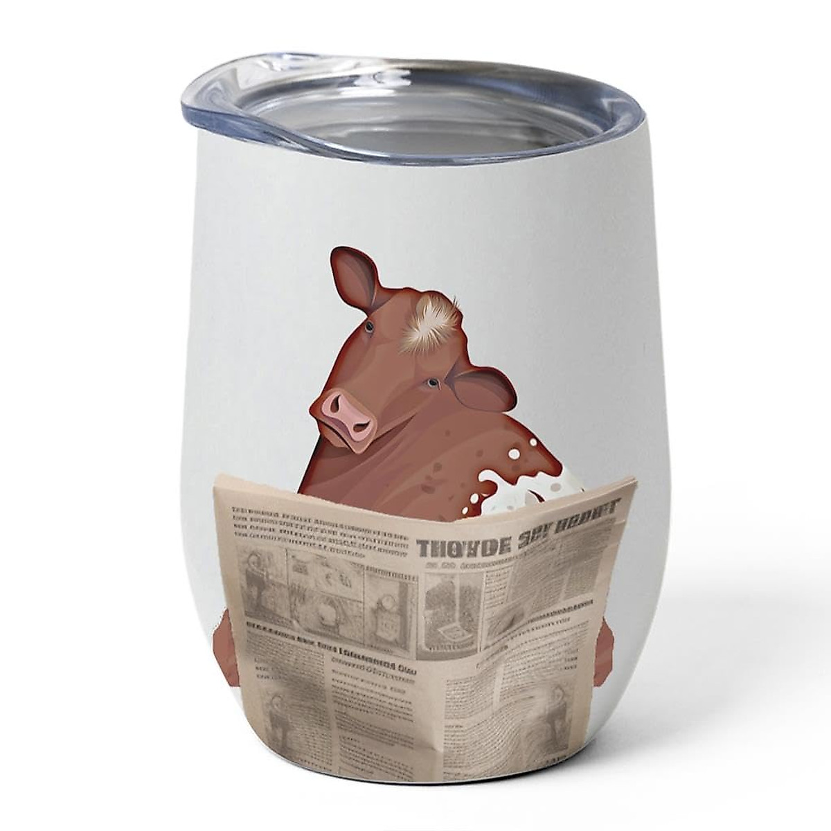 Shorthorn Cattle Cow Reading Newspaper Tumbler 12oz Stainless Steel Vacuum Insulated Wine Cup With Lid - Gifts for Cattle Lovers