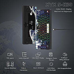 XVX S-K80 75% Keyboard with Color OLED Display Mechanical Gaming Keyboard, Hot Swappable Keyboard, Gasket Mount RGB Custom Keyboard, Pre-lubed Stabilizer for Mac/Win, Black Kanagawa Theme