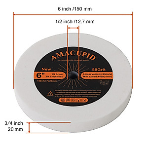 AmaCupid Bench Grinding Wheel 6 inch. for Sharpening Quenched Steel, High Carbon Steel and Other Cutting Tools. White Aluminum Oxide Abrasive. 1/2 inch Arbor, 3/4 inch Thickness, 80 Grit