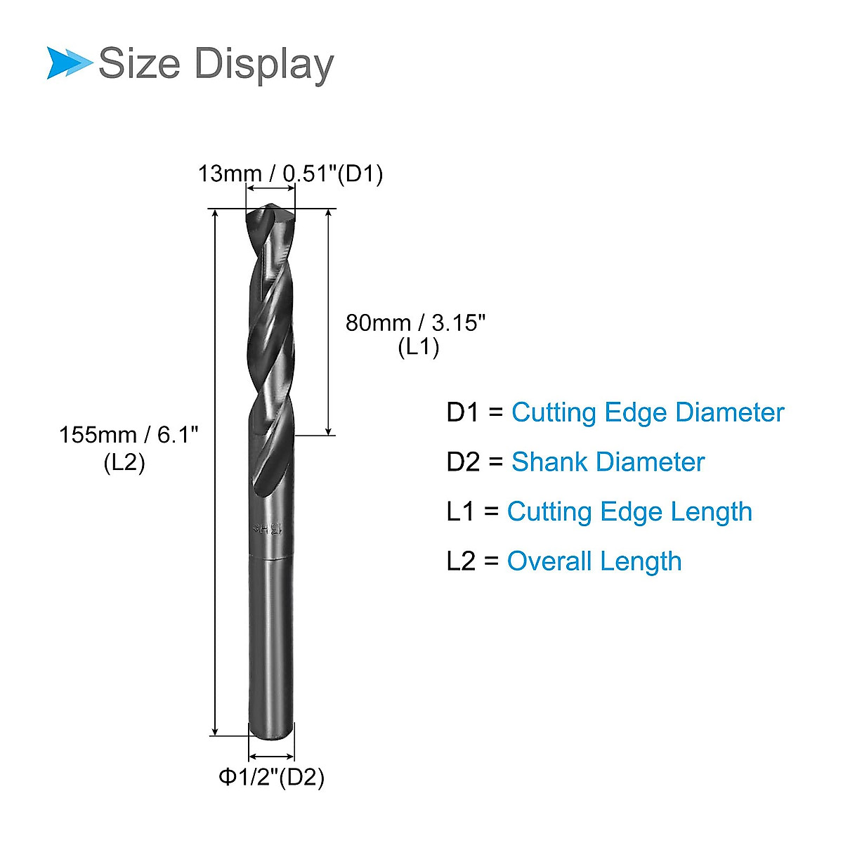 CoCud Reduced Shank Drill Bit, 13mm Cutting Edge 1/2" Shank, Nitride Coated High Speed Steel 6542 Twist Drill Bits - (Applications: for Stainless Steel Metal Wood)