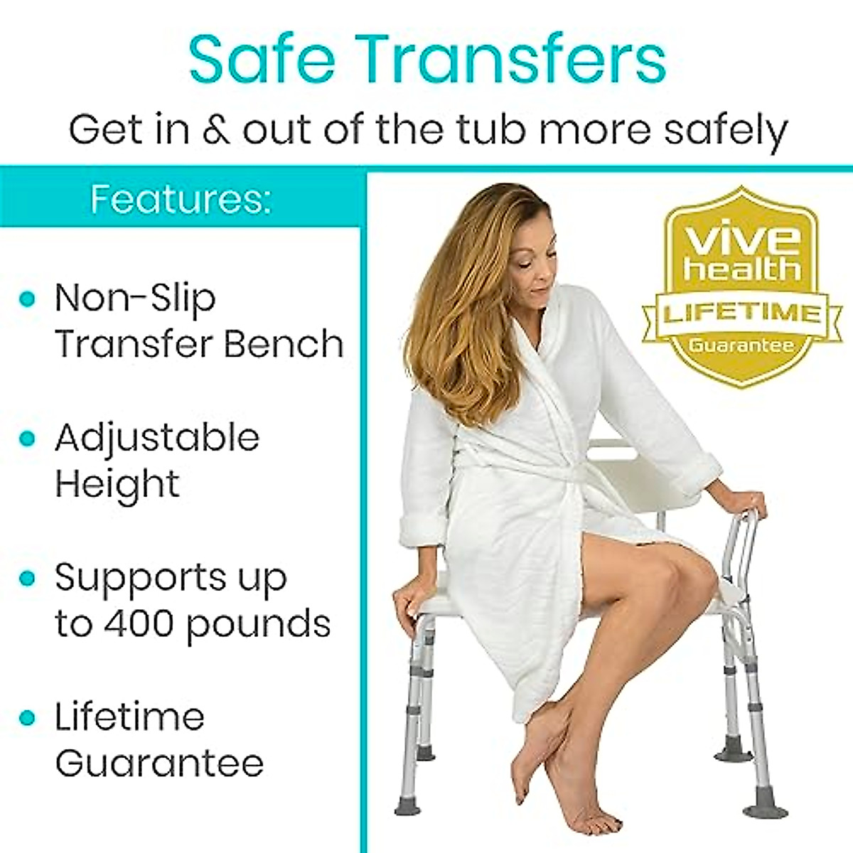 Vive Bariatric Shower Chair - Tub Transfer Bench with Height Adjustable Legs (400 Pound Capacity) - Reversible & Sliding Bath Seat with Backrest, Armrest, Wide Seat - For Seniors, Elderly