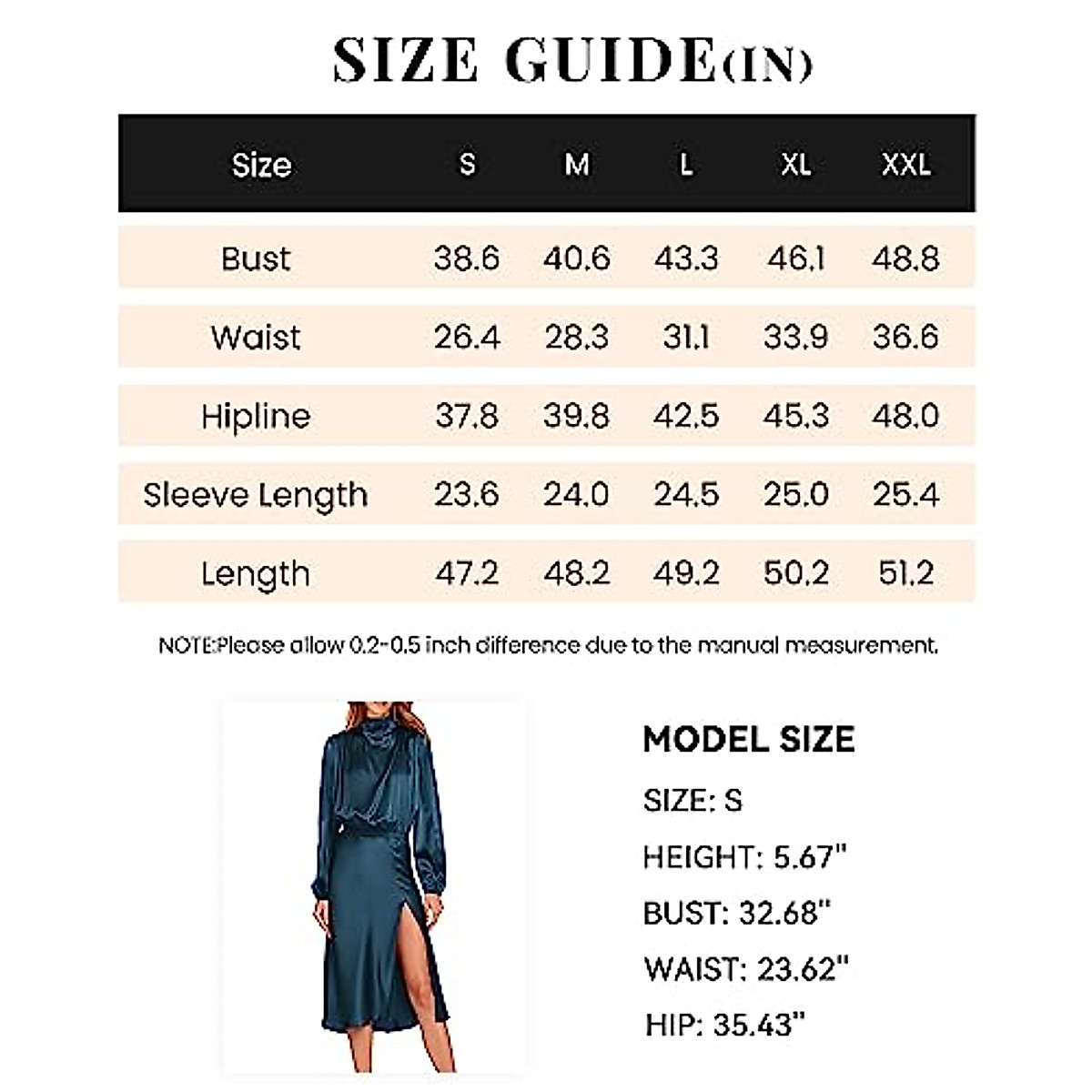 PRETTYGARDEN Women Fall Formal Mock Neck Long Sleeve Satin Dress Elastic Waist High Slit Midi Wedding Guest Dresses 2023(Solid Dark Blue,Medium)