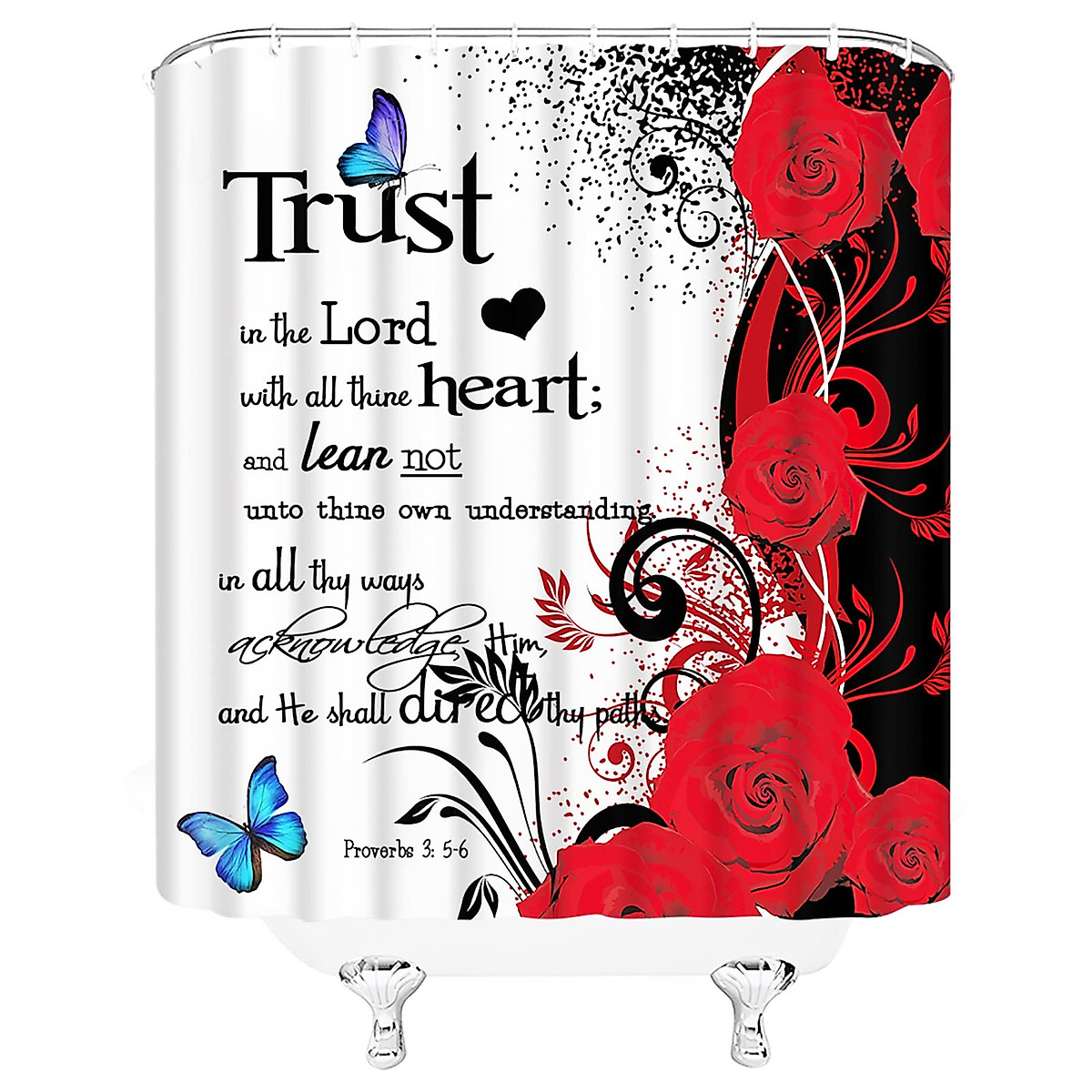Inspirational Quote Bath Mat Red Rose Flower Butterfly Trust in The Lord with All Thine Heart Abstract Floral Art Bathroom Rug Decor