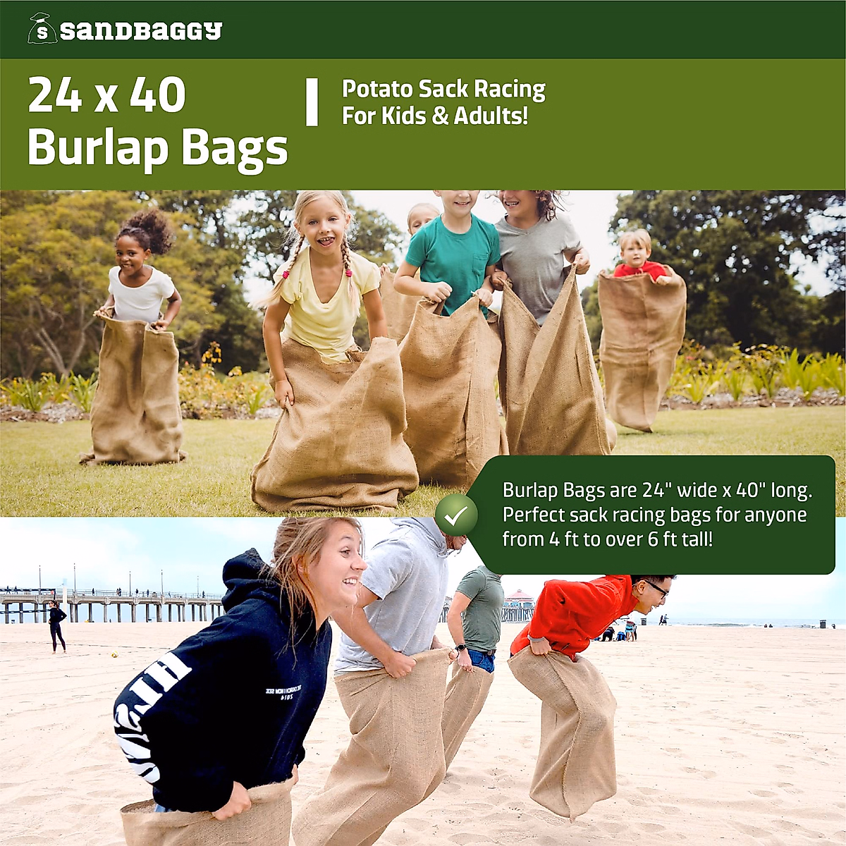 Sandbaggy - Large Burlap Bags 24" x 40" - Burlap Sack Race Bags for Kids & Adults - Premium Quality Burlap Bags for Vegetables- Bad Weather/Frost Protection - Pack of 4 - Great as Potato Sacks