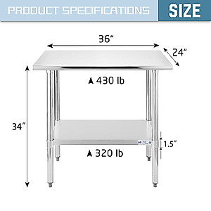 HALLY Stainless Steel Table for Prep & Work 24 x 36 Inches, NSF Commercial Heavy Duty Table with Undershelf and Galvanized Legs for Restaurant, Home and Hotel