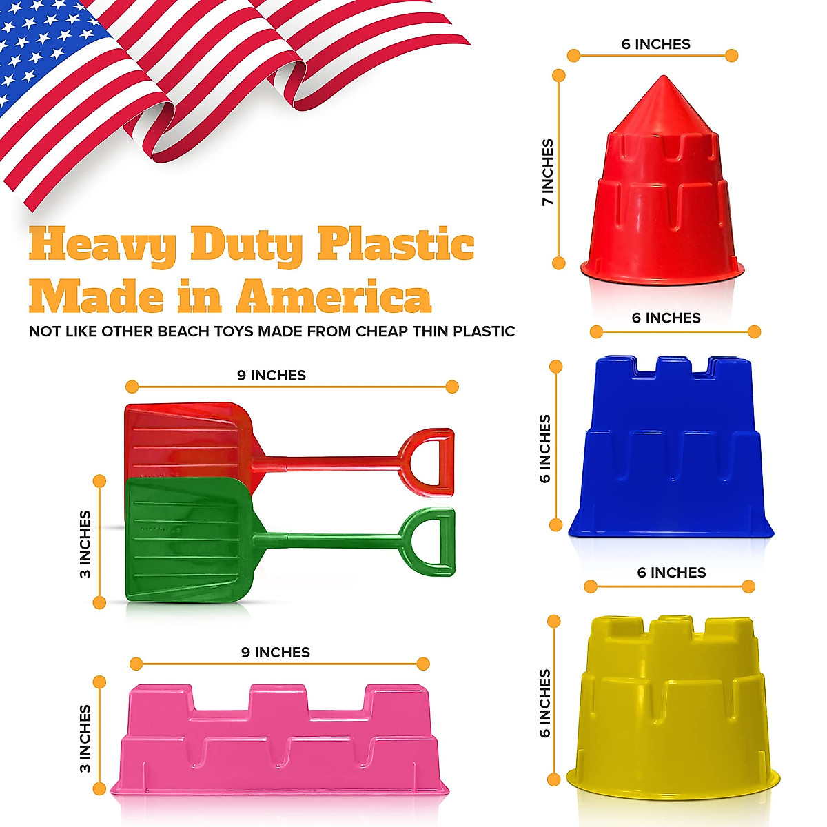 Back Bay Play Sand Castle Molds Sand Castle Building Kit - Beach Toys Kit - Snow & Sand Toys Sets for Kids Outdoor Sandbox Toys for Toddlers 1.5 Year and Up Made in USA (6 Piece with Shovels)