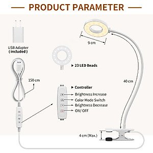 iZELL Reading Light, USB Clamp Lamp for Child Reading Book in Bed at Night, LED Small Desk Lamp with Adjustable Gooseneck Clip on Beside Table for Studying Working Drafting Sewing - 15.8‘’ White