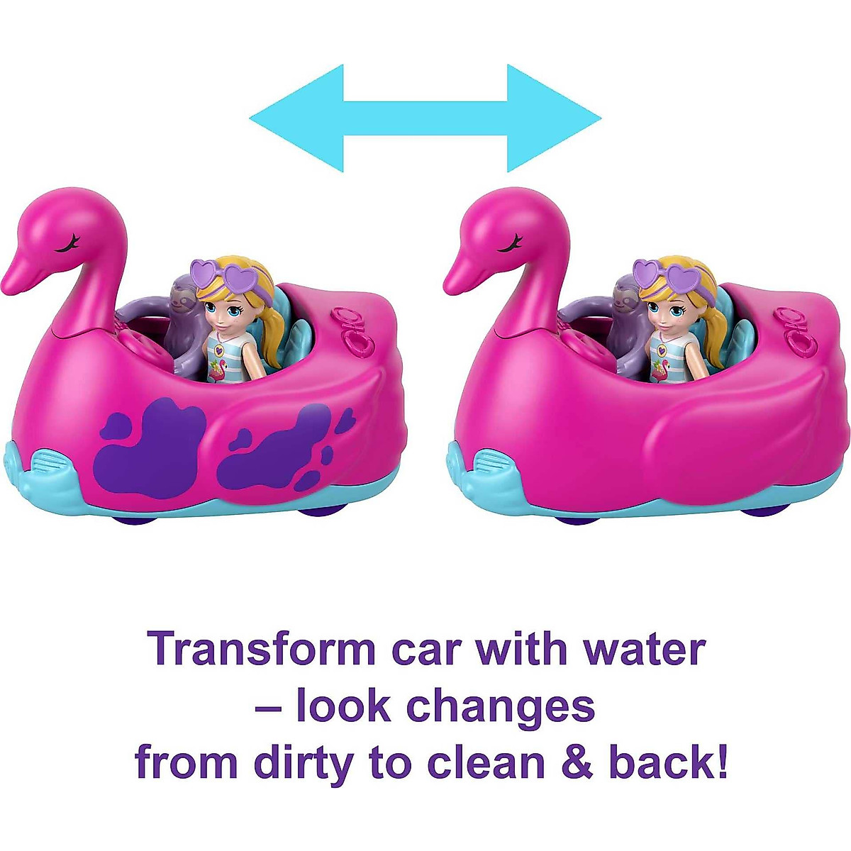 Polly Pocket Playset, Pollyville Flamingo Fun Car Wash with 2 Micro Dolls, Toy Car, Water Play & Color-Change Accessories