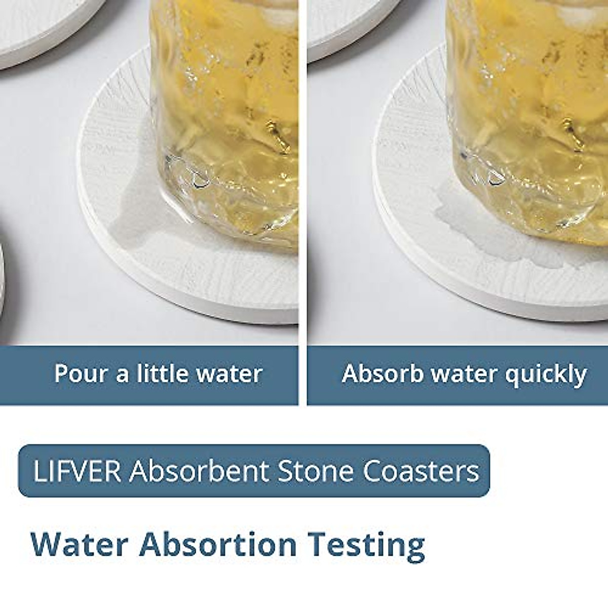 LIFVER Absorbent Drink Coasters with Holder, Set of 6 Ceramic Coasters with Cork Base, White Stone Coasters for Wooden Table, Housewarming Gift, White Elephant Gifts Idea, for Home Decor, 4 inches